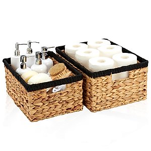 Edergoo Wicker Baskets for Storage, Water Hyacinth Storage Baskets with Built-in Handles, Wicker Storage Baskets for Shelves, Large Wicker Baskets for Organizing 2 Pack, Natural with Black, Size L & M