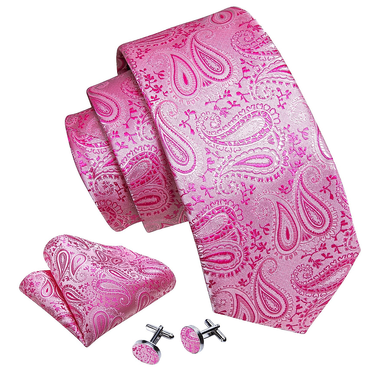 Barry.Wang Paisley Tie Fashion Set Hanky Cufflinks Neckties for Men Woven Silk Pink