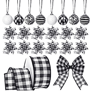 49 Pcs Christmas Tree Hanging Ornament Set Artificial Glitter Poinsettias Flower with Clips Sequin Christmas Ball Ornaments Black and White Buffalo Plaid Decorations Wired Edge Plaid Ribbon Tree Decor