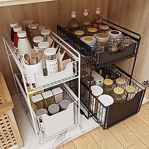 Simple Gear Heavy Duty 2-Tier Under Sink Cabinet Organizers with Sliding Storage Drawer, Pull Out Cabinets Organizer Shelf, Steel Shelf Basket Holds up to 150lbs for Kitchen Bathroom Cabinet or Pantry