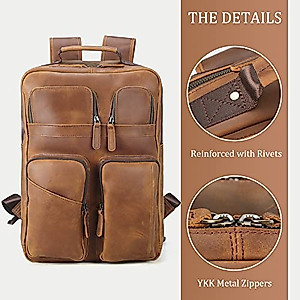 Polare 17.3 Inch Full Grain Leather Backpack for Men and Women Multi Pockets Business Travel Laptop Rucksack (Light Brown)
