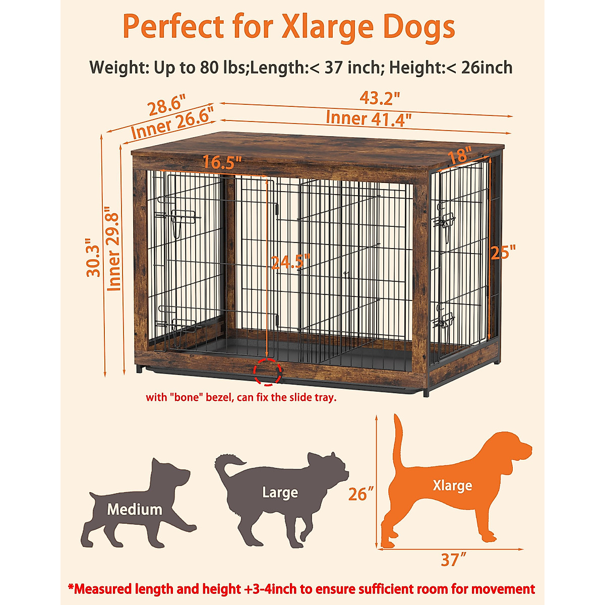 Piskyet Wooden Dog Crate Furniture with Divider Panel, Dog Crate End Table with Fixable Slide Tray, Double Doors Dog Kennel Indoor for Dogs(XL:43.2" L * 28.6" W * 30.3" H,Rustic Style)