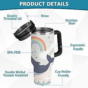 FRCSDIY Rainbow Whale Insulated Tumbler with Handle and Straw Lid,40oz Leakproof Stainless Steel Cup BPA-Free Water Bottle