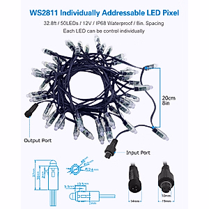 ALITOVE WS2811 12V LED Pixels 12mm 8 inch Spacing 50 LEDs Addressable RGB LED Bullet String Lights Diffused Digital Dream Color Programmable Module Lights Waterproof IP68 with 3pin ALT-Connector