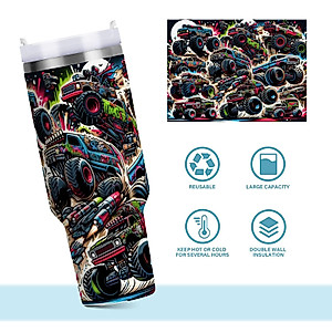 ALAZA Monster Trucks Cartoon Graffiti 40 oz Tumbler Stainless Steel Water Bottle Vacuum Insulated Cup with Straw Lid & Handle For Travel Car Cup Holder