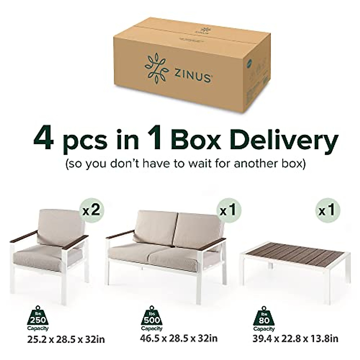 ZINUS Dillon Aluminum and Poly Lumber Outdoor 4 Piece Conversation Set / Patio Furniture Set / Weather Resistant and Rust Proof / Easy Assembly, White