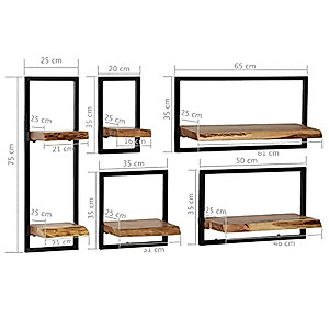 FAMIROSA Wall Shelf Set 5 Pieces Solid Acacia Wood and Steel