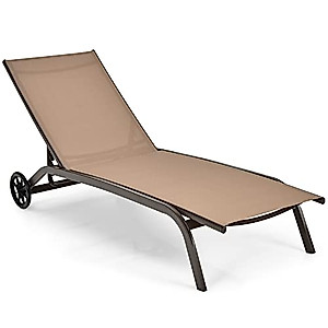 Giantex Patio Lounge Chairs for Pool Area, Outdoor Chaise Lounger with 6 Adjustable Position Smooth Wheels and Quick-Drying Fabric, Lawn Recliner for Backyard, Garden Sunbathing Chair (1, Brown)