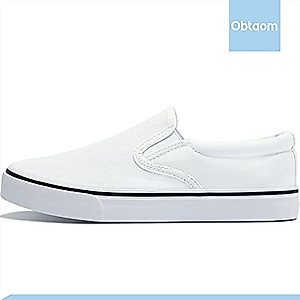 Obtaom Women's White Sneakers Black Slip on Shoes for Women Low Top Canvas Shoes Loafers（White US5）