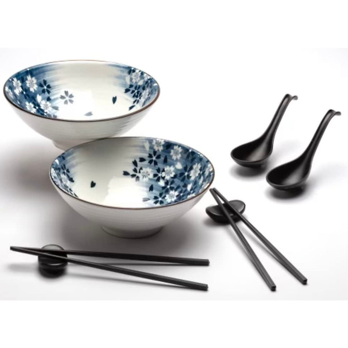 Ceramic Ramen Bowl Set - 8 Piece- Large White 40 oz Japanese Ramen Bowls, Spoons, Chopsticks and Chopstick Stands For Udon Noodles, Miso Soup, Cereal, Pasta, Pho and Salad Serving Set of 2 Blue