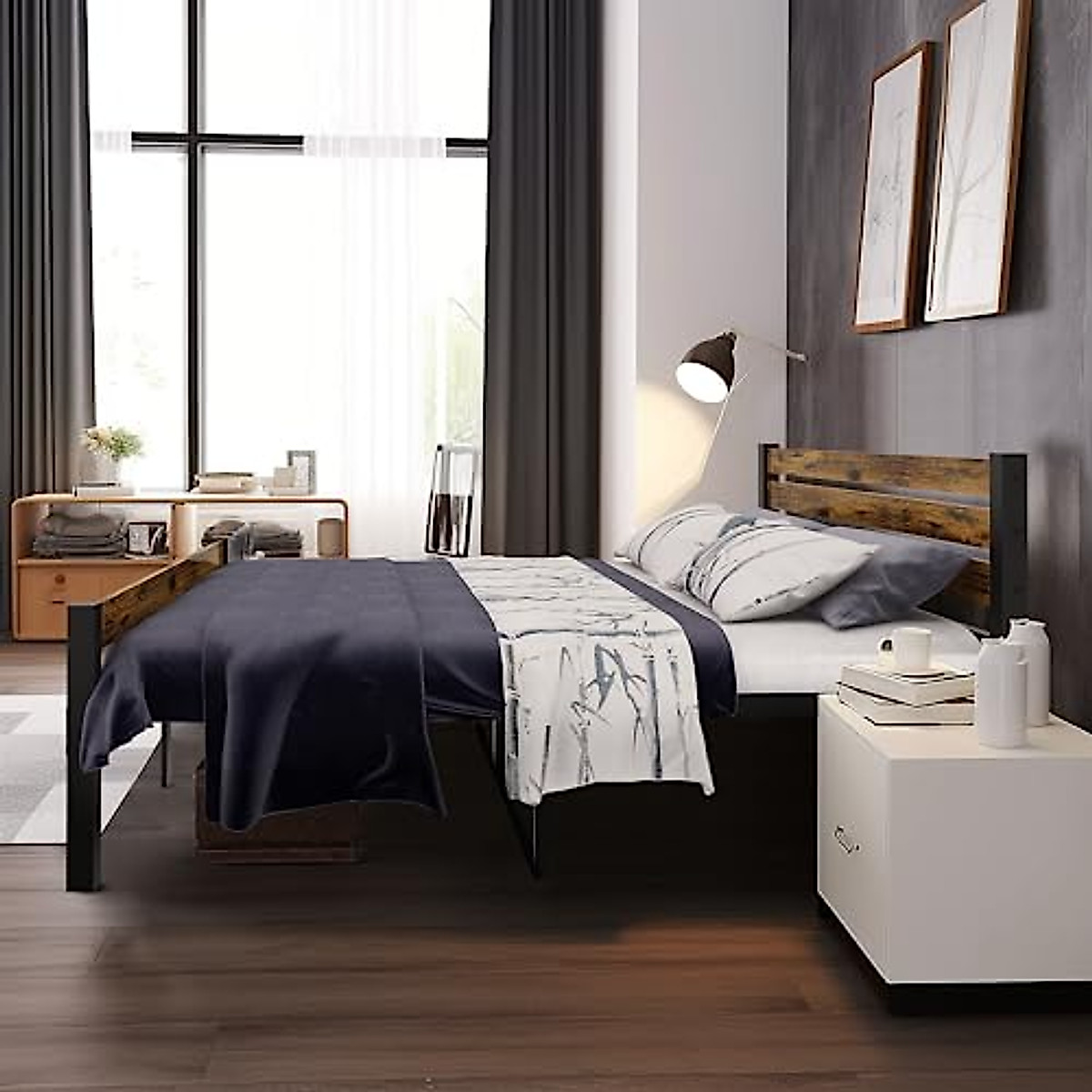 AWQM 14 Inch Full Bed Frame, Metal Platform Full Size Bed Frame with Wood Headboard and Footboard, No Noise, No Box Spring Needed, Bed Central with Extra Metal Support, More Sturdy, Rustic Brown+Black