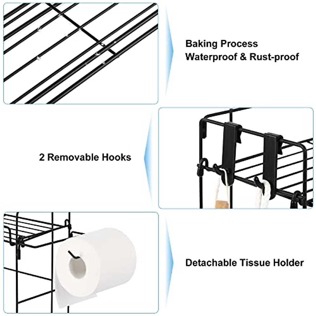 Vrisa 2 Pack Over The Toilet Storage Shelf 2-Tier Bathroom Organizer Over Toilet Multifunctional Toilet Rack with Hook and Paper Holder No Drilling Space Saver with Wall Mounted Design(Black)