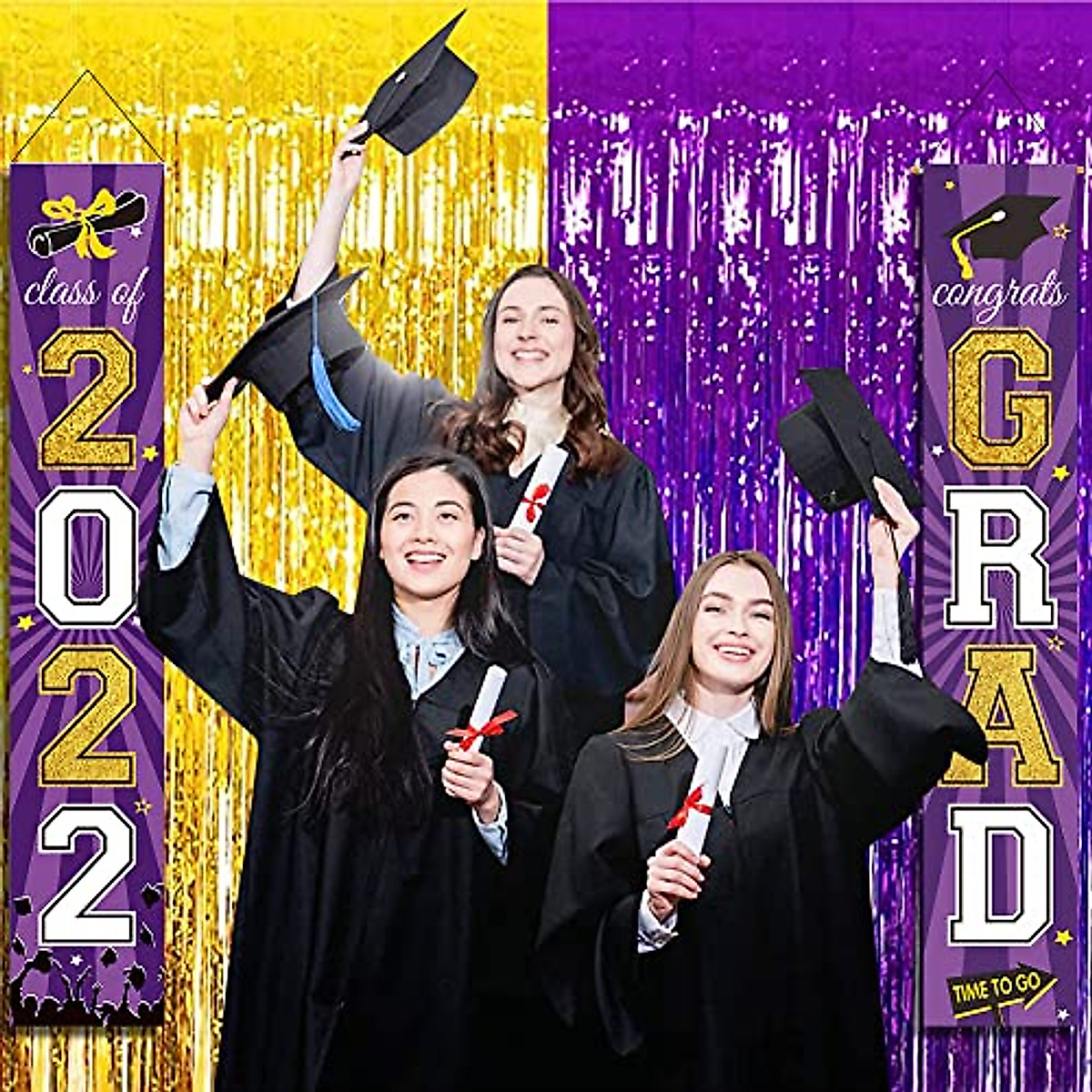 Graduation Decorations 2022 Purple Gold Graduation Party Supplies 2022 Graduation Banner Purple Gold Class of 2022 Congrats Grad Porch Sign and Foil Curtains Graduation Party Decorations by HappyField