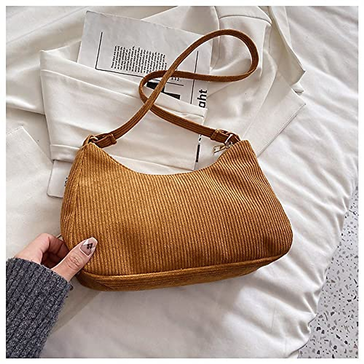 Women Corduroy Shoulder Bag Small Handbag Purse Casual Ladies Satchel Fashion Daily Tote Bag (Yellow)