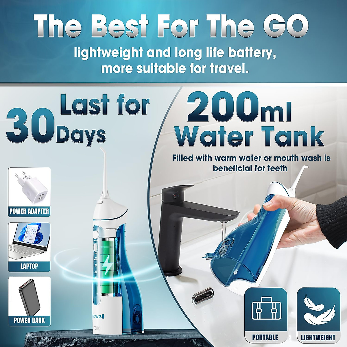 Water Dental Flosser Pick for Teeth: Nicwell 4 Modes Cordless Portable Rechargeable Oral Irrigator IPX7 Waterproof Cleaner Pik Deep Cleaning Flossing Pic Machine for Home Travel
