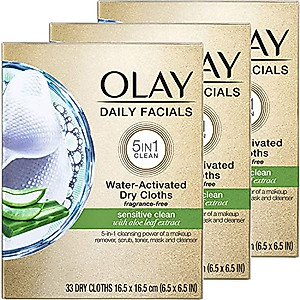OLAY Daily Gentle Clean 5-in-1 Water Activated Cloths, 33 Count (Pack of 3)