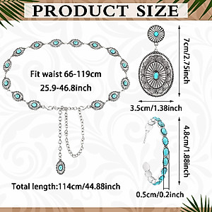 3 Pieces Western Belts for Women Turquoise Chain Belt Turquoise Concho Belts Metal Waist Belts Silver Boho Turquoise Hoop Earrings Western Turquoise Drop Statement Post Earrings Jewelry
