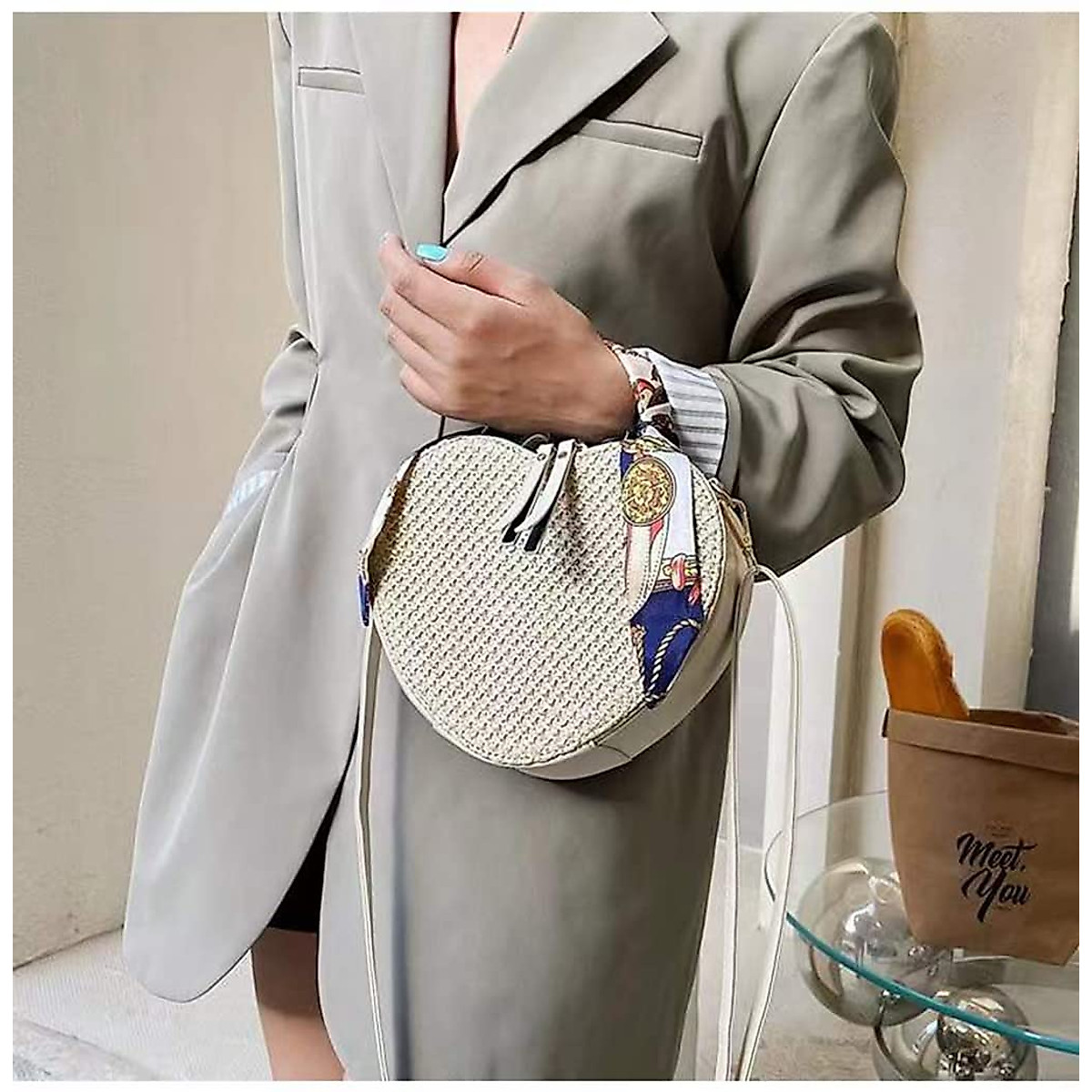 Dajingkj Fashion Ribbon Beach Bag Heart Shaped Purse Handheld Straw Bag Shoulder messenger bag for Women (creamy-white)