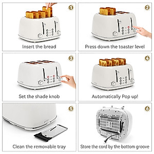 Toaster 4 Slice, Retro Stainless Toaster with 6 Bread Shade Settings,1.5''Wide Slots Toaster with Cancel/Defrost/Reheat Functions,Dual Independent Control Panel, Removal Crumb Tray and High Lift Lever (White)