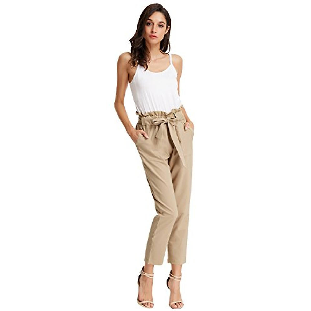 GRACE KARIN Women's Pants Cropped Paper Bag Waist Pants with Pockets Light Tan Size M