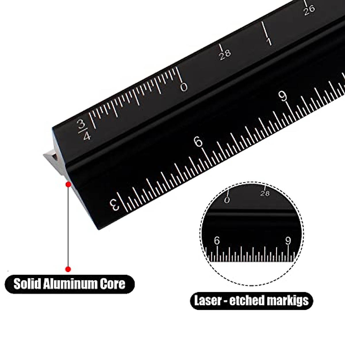 12"Architectural Scale Ruler, Aluminum Scale, Triangular Ruler, Scale Ruler for Blueprint Imperial Measurements for Architects Engineering Artists, Draftsman Drawing, Laser-Etched Markings.(Black)