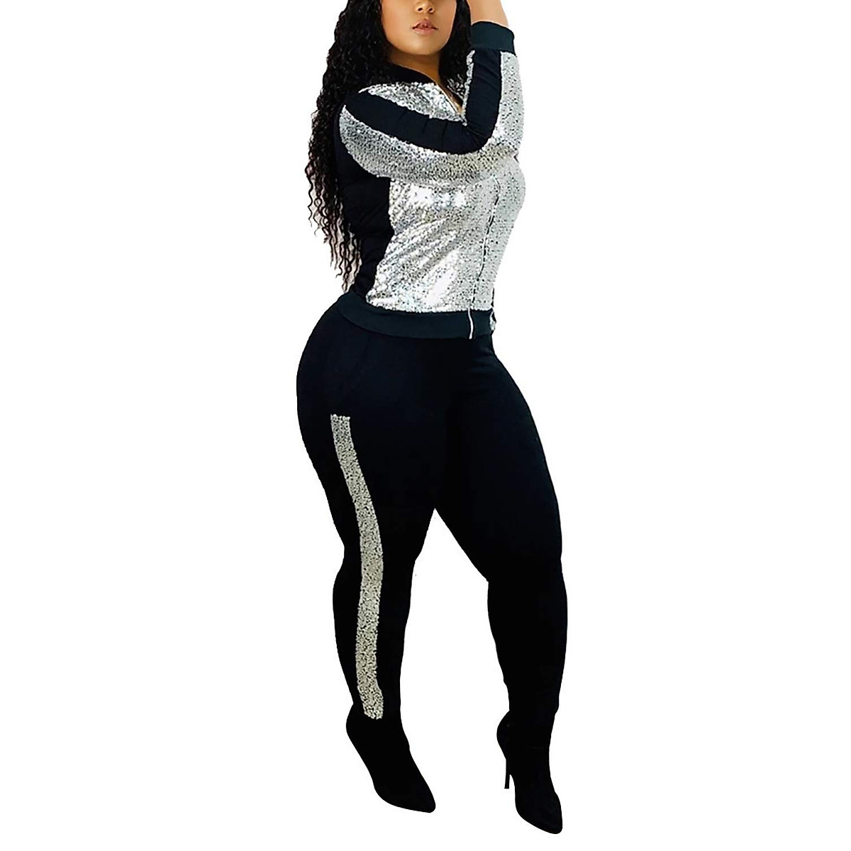 SIAEAMRG Women 2 Piece Glitter Sequin Outfits Tracksuit, Long Sleeve Jacket Tops Bodycon Long Pants Sparkle Sweatsuit Club Wear (Silver, L)