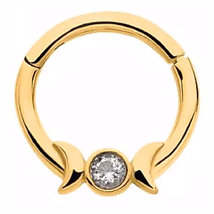 Pierced Owl 16GA 316L Stainless Steel Triple Moon Phase with CZ Crystal Center Hinged Segment Ring (Gold Tone)