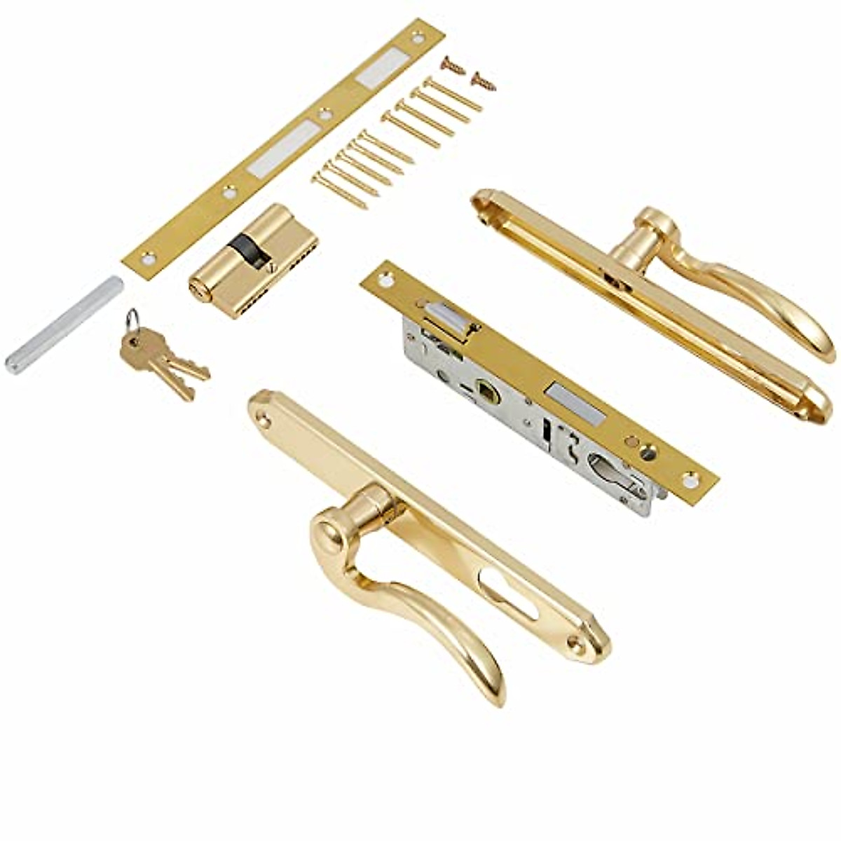 HTH HTHomeprod Solid Brass Lever Handle Set for Screen / Storm Door, Double Cylinder Mortise Lock Added Security, Fit for 1 in. Or 1.38 in. Thickness Door, Polished Brass