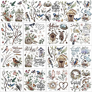 12 Sheets Rub on Transfers for Crafts and Furniture Rub on Transfers Stickers Classic Bird Floral Lavender Butterfly Decals for Home Office Paper Wood DIY Craft, 5.5 x 5.7 Inch (Bird)