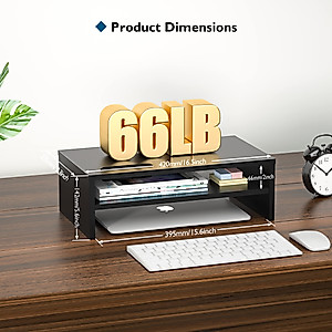 Monitor Stand Riser, 2 Tiers Wood Monitor Riser Stand with Storage Organizer, Desktop Ergonomic Monitor Stand Riser with Cellphone Holder and Cable Management, 16.5 Inch Shelf Black