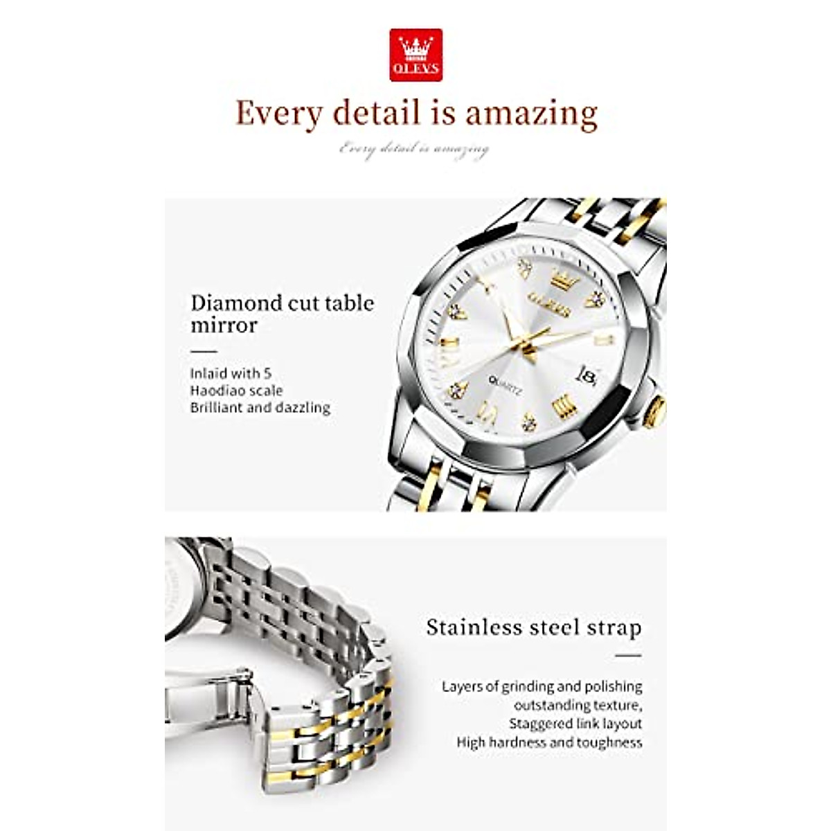 OLEVS Womens Watch Fashion Dress Diamond Female Watches for Ladies Analog Quartz Stainless Steel Waterproof Luminous Day Date Gold Silver Two Tone Wristwatch