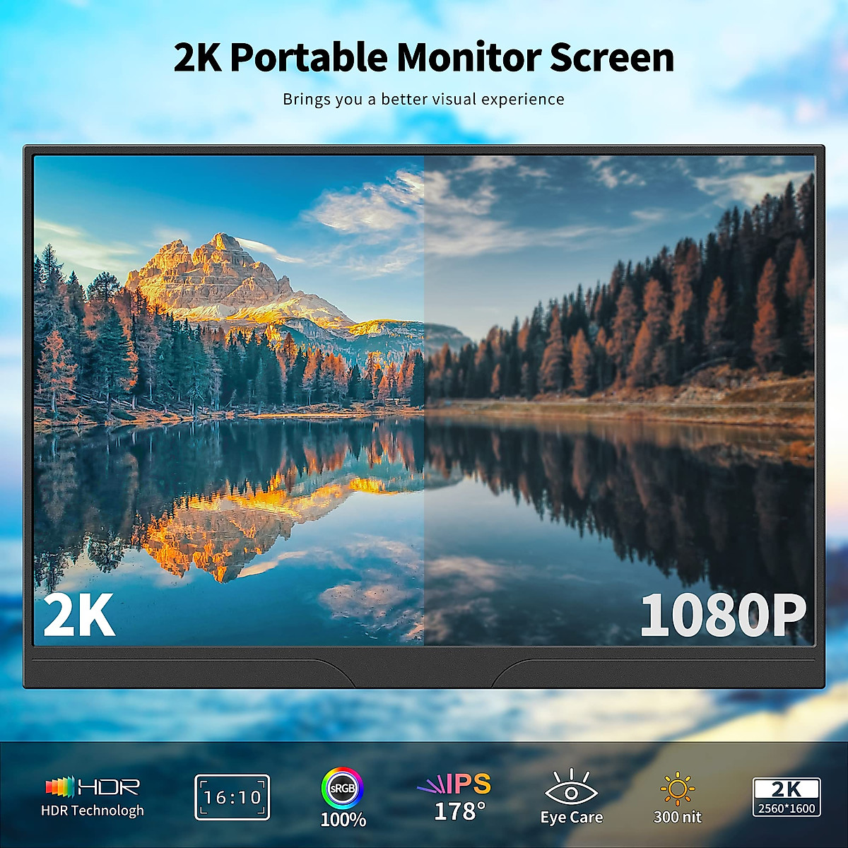 YGG 2K Portable Monitor, 13.3" Portable Laptop Monitor, 100% sRGB IPS FHD Eye Care 2560x 1600 External Monitor, USB C Mini HDMI External Display, Travel Monitor with Smart Case for Laptop MacBook PC