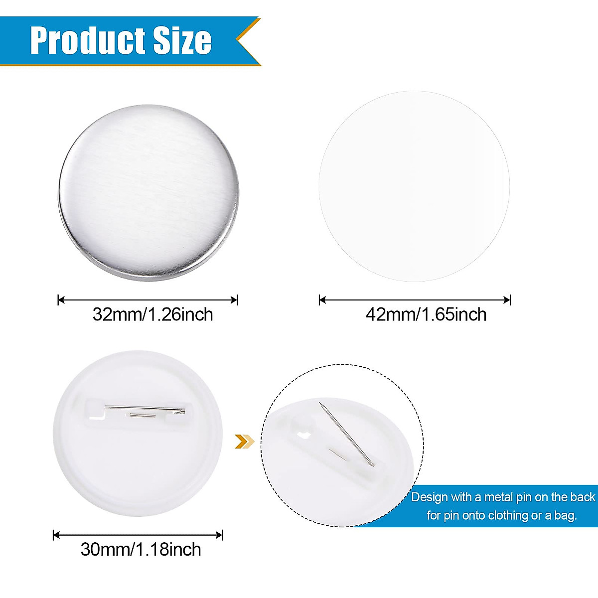 MECCANIXITY Blank Pin Back Button Parts, 32mm 1.26 Inch, 200 Set Sewing Buttons Round Metal Cover Plastic Button Back Clear Film for Button Maker Machine