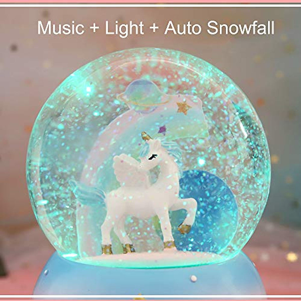 AVEKI Unicorn Snow Globe, 3.94 Inch Automatic Snowfall Musical Snow Globe with Lights Cute Rainbow Snow Lights for Kids Babies Birthday Christmas New Year Gifts(Blue)