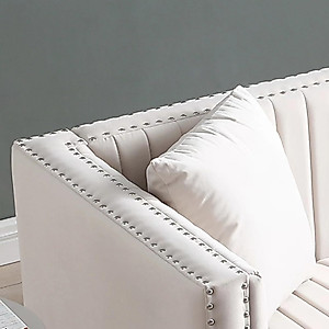 Homtique Velvet Couch, Modern Vertical Channel Tufted Comfy Sofa Couch with Nailhead Trim Square Arms and 2 Pillows, 3 Seater Couchs for Living Room, Apartment(Beige)