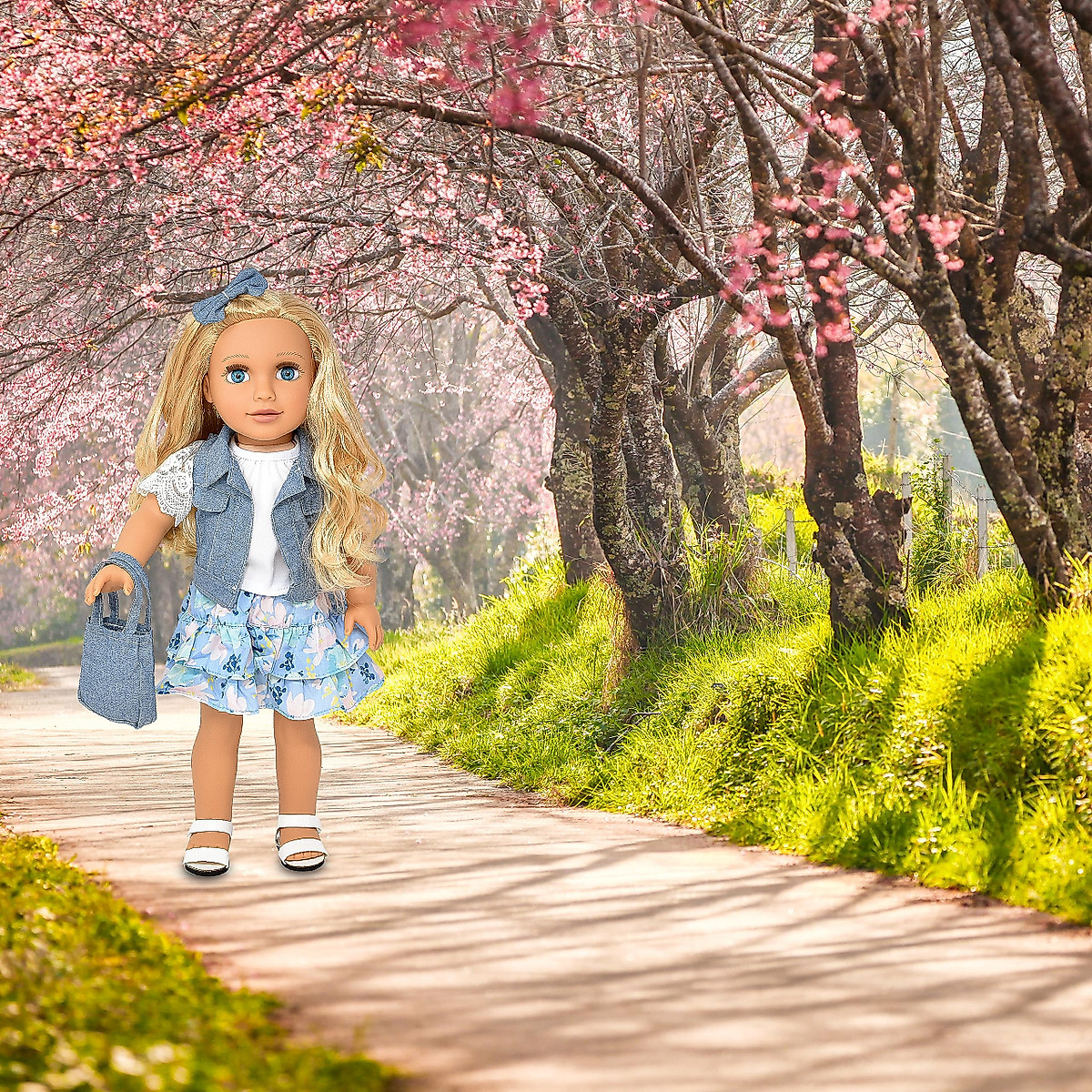 Gift Boutique 18 Inch Girl Doll, Fashion Doll with Fine Blond Long Hair for Styling, Blue Eyes, Floral Outfit Denim Jacket Sandals Boots Hair Bow Handbag, Doll Clothes & Accessories for Girls and Kids