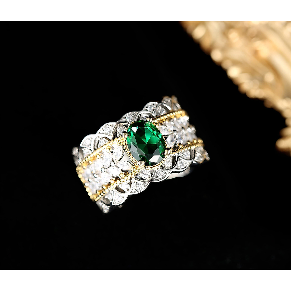 LYLYMIMI Emerald Ring for Women Vintage Adjustable Open rings Gem CZ Women's Ring (Silver)