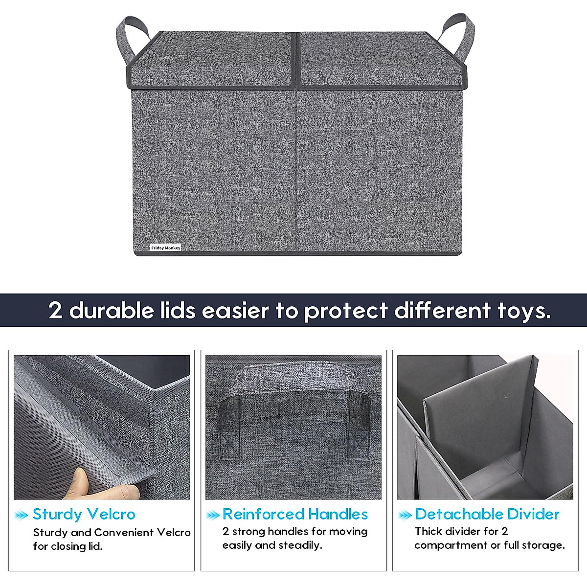 Friday Monkey Sturdy Large Toy Box Chest with Lids & Handles, Foldable Toys Storage Organizer Bin Basket for Boys, Girls, Kids, Playroom, Nursery, Utility Room, 25x13x16 inch, Light Grey, ZMGCWJX