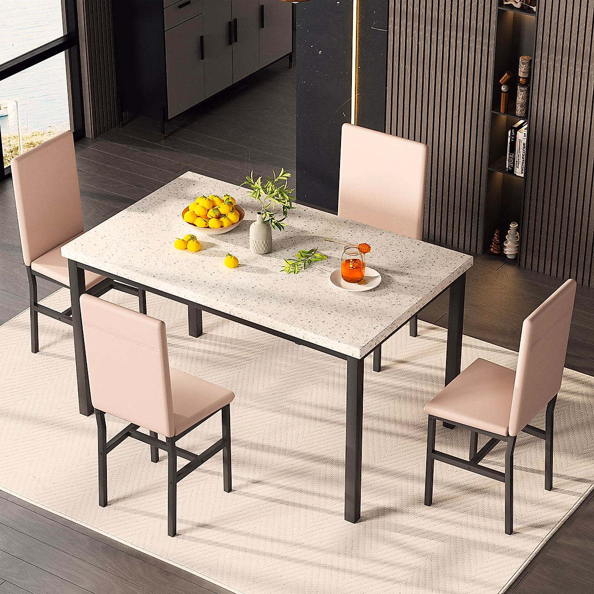 AWQM White Faux Marble Dining Table with 4 Upholstered Chairs, 5-Piece Dining Room Table Set for Small Space, Breakfast Table Bar Table and Chairs Set for 4, Home & Kitchen Set