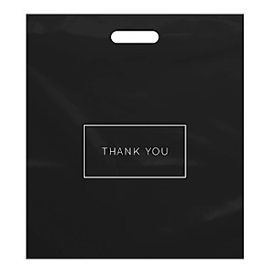 Purple Q Crafts Large Plastic Shopping Bags with Thank You Logo 16" x 18" Boutique Bags with Handles 100 Pack for Merchandise, Gifts, Trade Shows and More