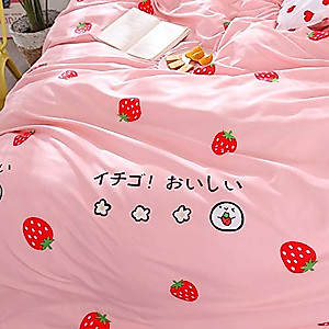 Kimko Girls Strawberry Bedding Set- Teens Reversible Red Strawberry Pattern & Pink Cover,Breathable (4Pcs -1 Duvet Cover Set + 1 Flat Sheet + 2 Pillowcases) (Full, # Strawberry)