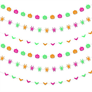 Halloween Party Decorations Neon Banner - 3pcs Glow in The Dark Paper Pumpkin Bats Spiders Hanging Swirls Streamers,Window Fireplace Room Ceiling Garland, Baby Shower Birthday Supplies Decor Panduola