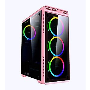 Apevia Aura-S-PK Mid Tower Gaming Case with 2 x Full-Size Tempered Glass Panel, Top USB3.0/USB2.0/Audio Ports, 4 x RGB Fans, Pink Frame