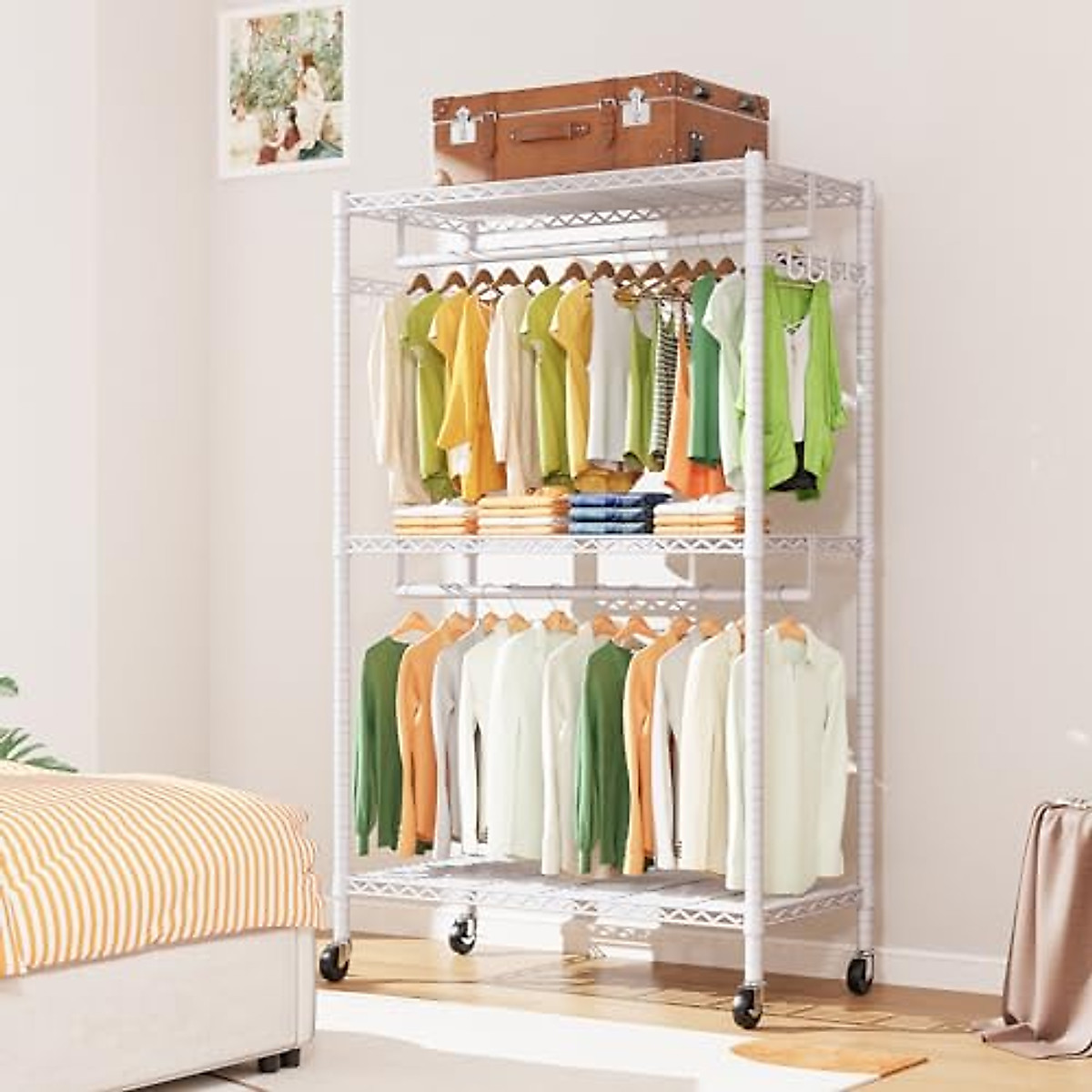 LEHOM G1 Heavy Duty Clothes Rack, 3 Tiers Rolling Garment Rack for Hanging Clothes, Adjustable Wire Clothing Rack with Storage Shelves, Lockable Wheels Freestanding Closet Wardrobe for Bedroom, White