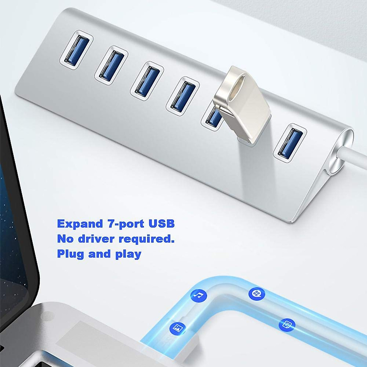 USB Hub, USB3.0 Splitter Docking Station with 7 Port for PC, Laptop, Keyboard, Mouse, Hard Disk Drive, Plug and Play