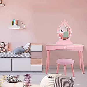 Vabches Kids Vanity Set with Mirror and Stool, Children Makeup Dressing Table with Lights, Princess Vanity Table for Toddlers, Pink