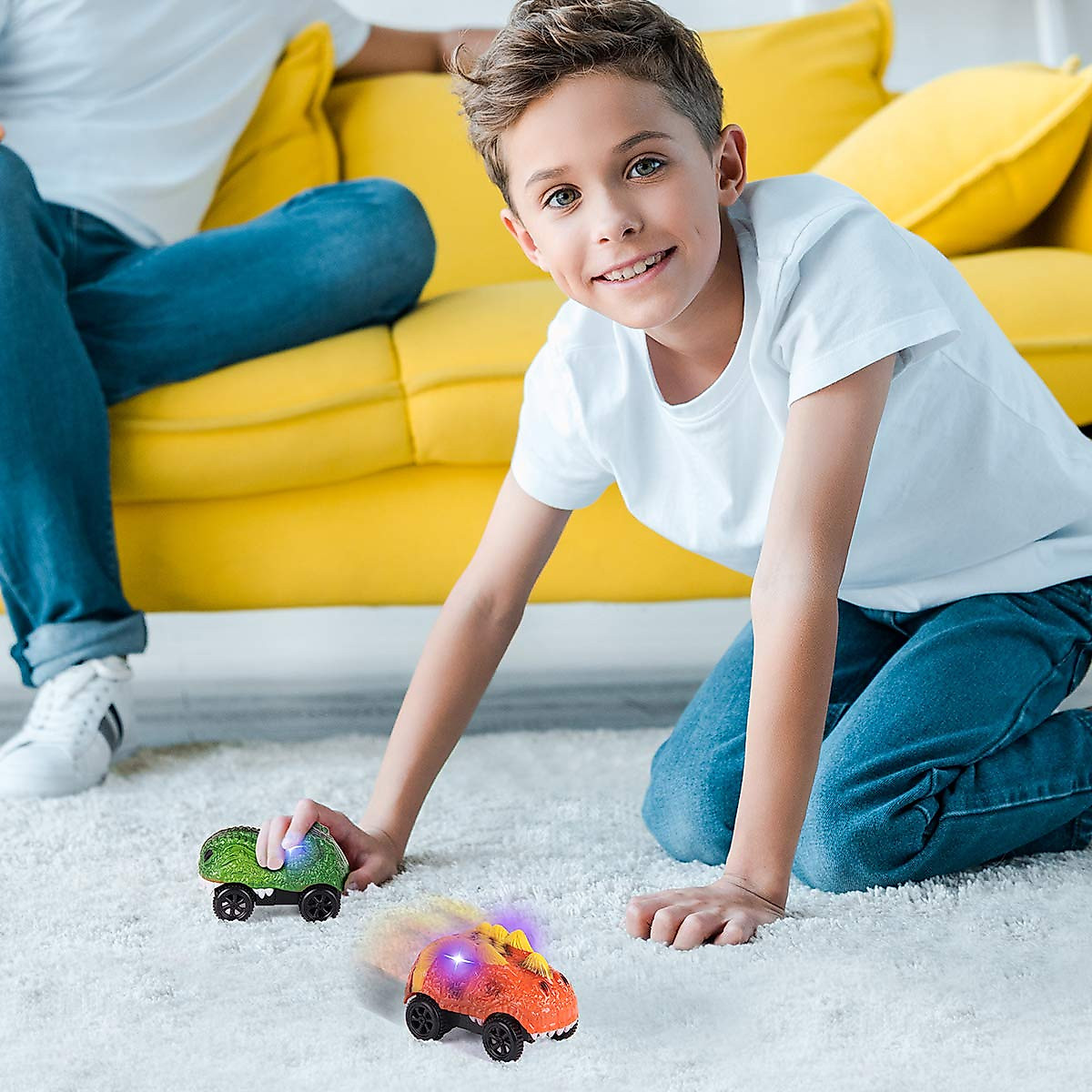 Track Car Replacement Only,LED Light Up Dinosaur Cars Compatible with Most Tracks,Dino Cars Accessories for Race Track Sets(2 Pack)