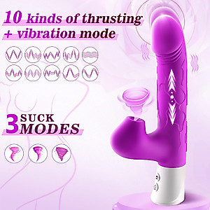 Thrusting Dildo Sucking Rabbit Vibrators for Women, G Spot/Anal Vibrator 10 Thrusting Vibrating and 3 Sucking Modes 3 in 1 Adult Sex Toys