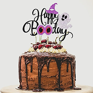 Ruscalin Halloween Happy Boo Day Cake Topper,Halloween Purple eyes Hat Silver flash ghost Cake Decoration ，ghost Halloween Theme for Kids Girl Baby Shower Birthday Party Supplies