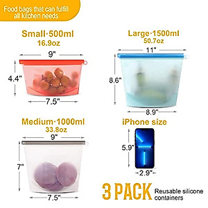 FTCIRA Reusable Silicone Bags for Food Storage, Reusable ziploc Bags,100% Food Grade Silicone,LEAKPROOF, AIRTIGHT |Lunch, Travel, Makeup, Gym Bag | Freezer, Oven, Microwave, Dishwasher Safe(3 Pack, 3 Sizes,Multi )